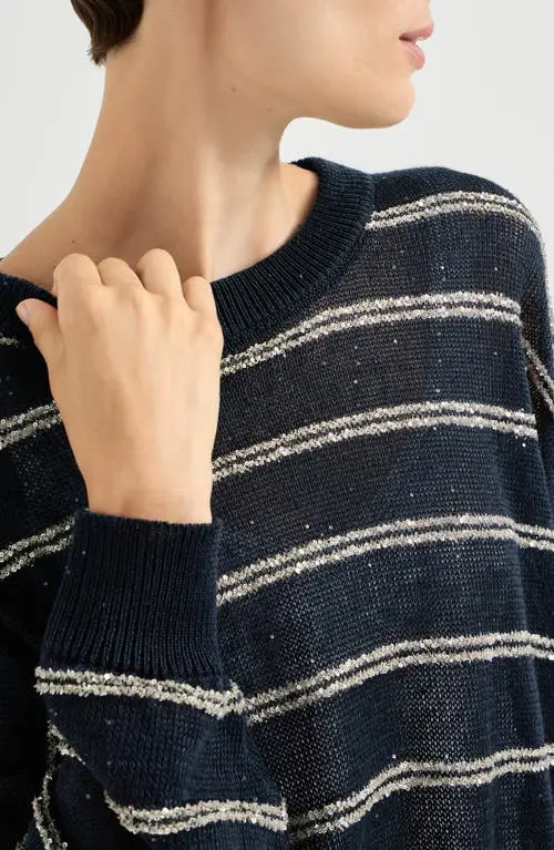 Brunello Cucinelli Linen And Cotton Sweater With Dazzling Double Stripes
