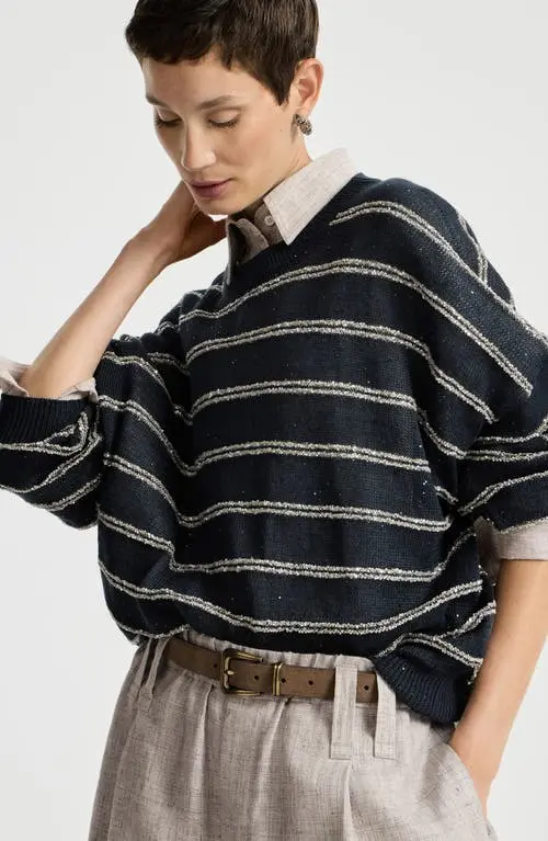 Brunello Cucinelli Linen And Cotton Sweater With Dazzling Double Stripes