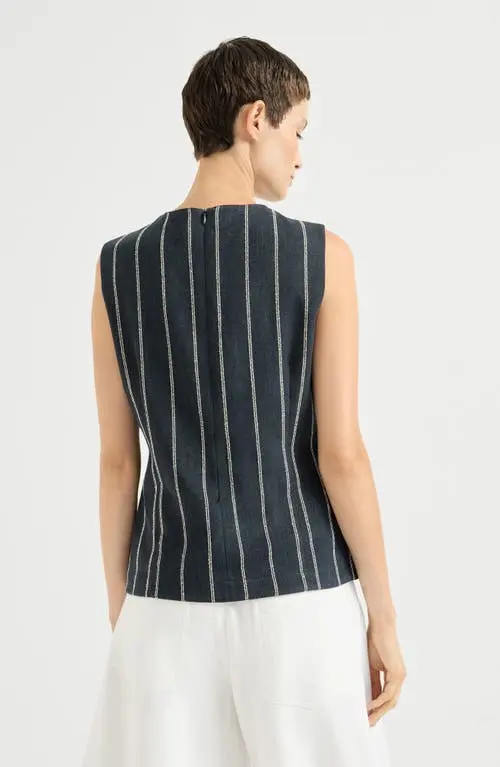 Brunello Cucinelli Double Chalk Stripe Cotton And Linen Top With Monili