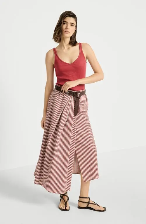 Brunello Cucinelli Striped Wrinkled Poplin Sarong Skirt