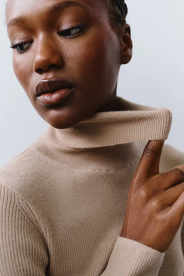 Maeve Markie 100% Cashmere Turtleneck Top - Tan