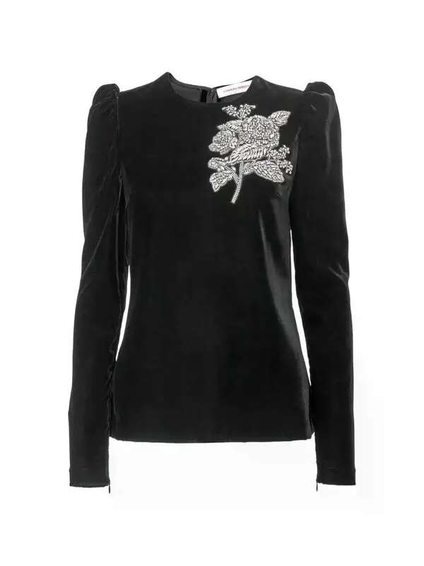 Carolina Herrera Rose-embroidered Velvet Blouse