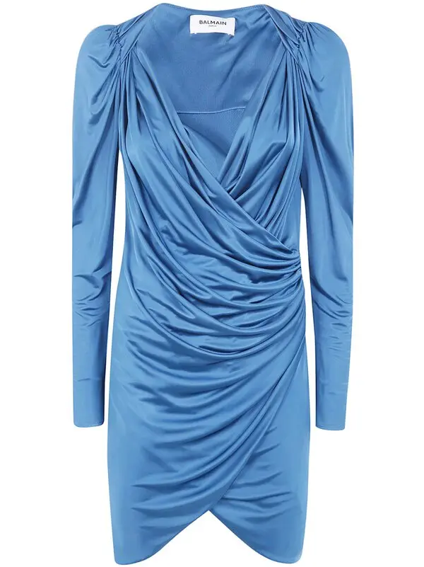 Balmain Dress Draped "long Sleeves Open Neck - Blue