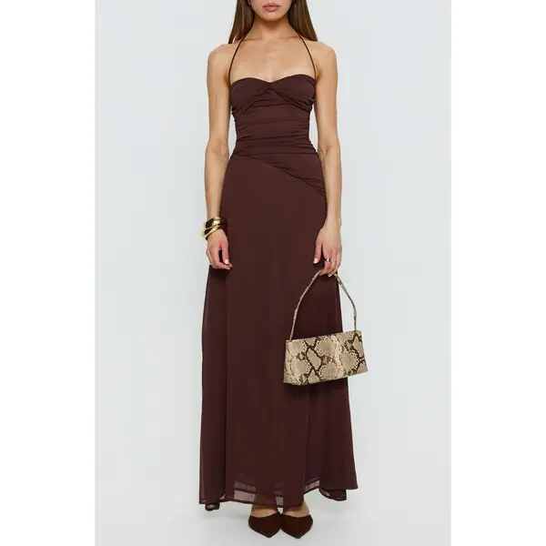 Princess Polly Kaemila Halter Chiffon Maxi Dress - Brown
