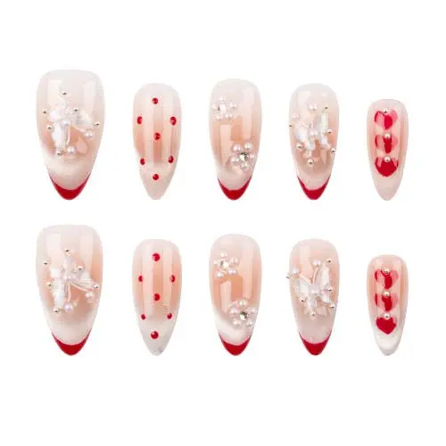 3H NAILS Cherry Blossommedium Almond Press-on Nails - Beige/red