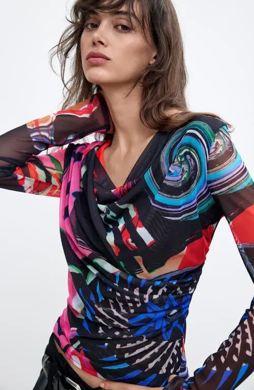 Desigual Lacroix Abstract Print Mesh Long Sleeve T-shirt