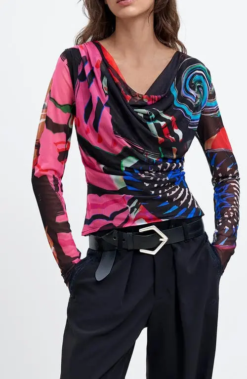 Desigual Lacroix Abstract Print Mesh Long Sleeve T-shirt - Multi