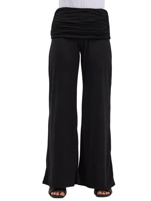 24SEVEN COMFORT APPAREL Basic Soft Stretch Ruched Waist Wide Leg Pants - Black