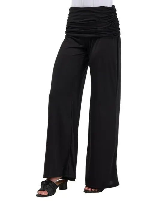 24SEVEN COMFORT APPAREL Basic Soft Stretch Ruched Waist Wide Leg Pants - Black