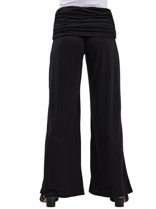 24SEVEN COMFORT APPAREL Basic Soft Stretch Ruched Waist Wide Leg Pants - Black