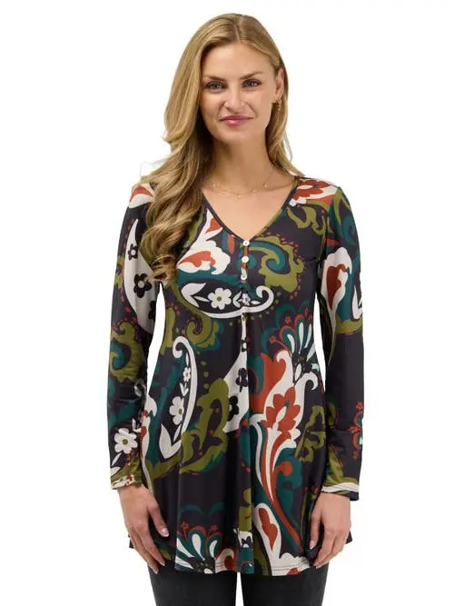 24SEVEN COMFORT APPAREL Essential Flared Long Sleeve Henley Tunic Top
