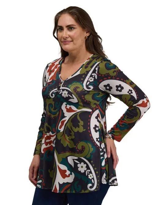24SEVEN COMFORT APPAREL Essential Curvy Flared Long Sleeve Henley Tunic Top