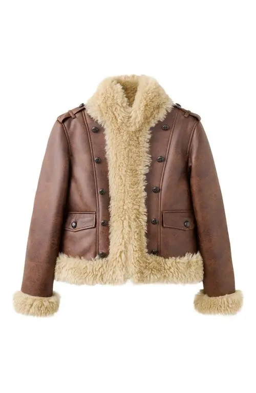 Mango Faux Fur Trim Faux Leather Jacket