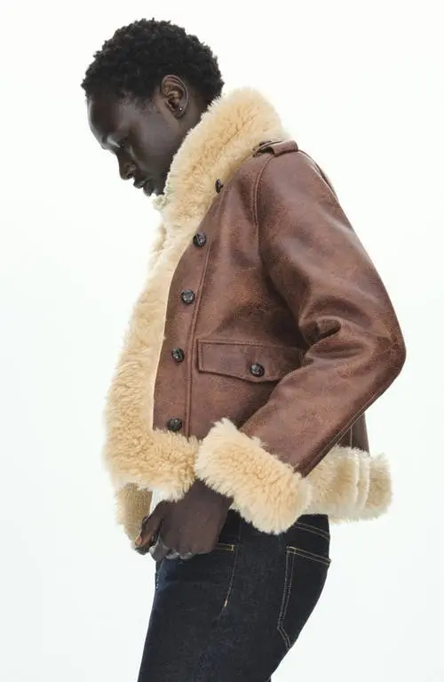 Mango Faux Fur Trim Faux Leather Jacket