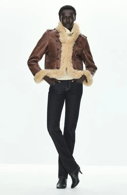 Mango Faux Fur Trim Faux Leather Jacket