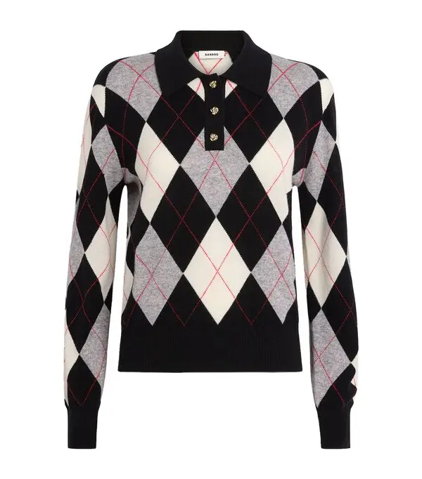 Sandro Wool-cashmere Argyle Polo Sweater - Black