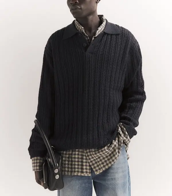 WOOYOUNGMI Melange Wool Cable-knit Polo Sweater