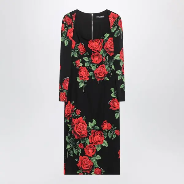 Dolce & Gabbana Rose Print Midi Dress In Silk Charmeuse - Black