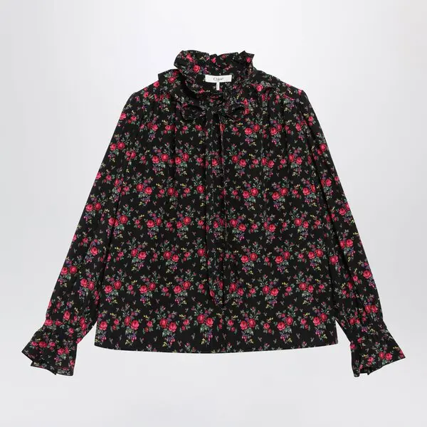 Chloé Black Ruffled Blouse In Floral-print Silk