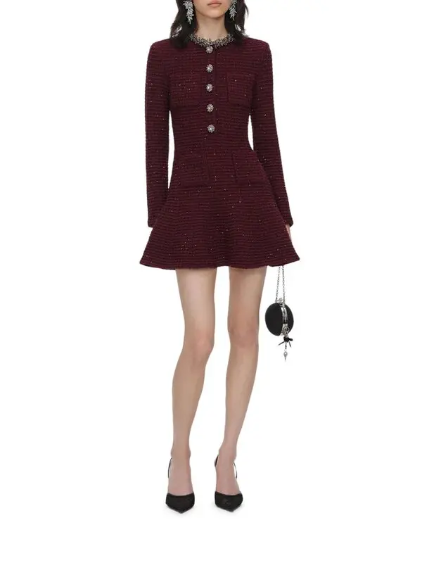 SELF-PORTRAIT Bordeaux Knitted Mini-dress With Embellishments