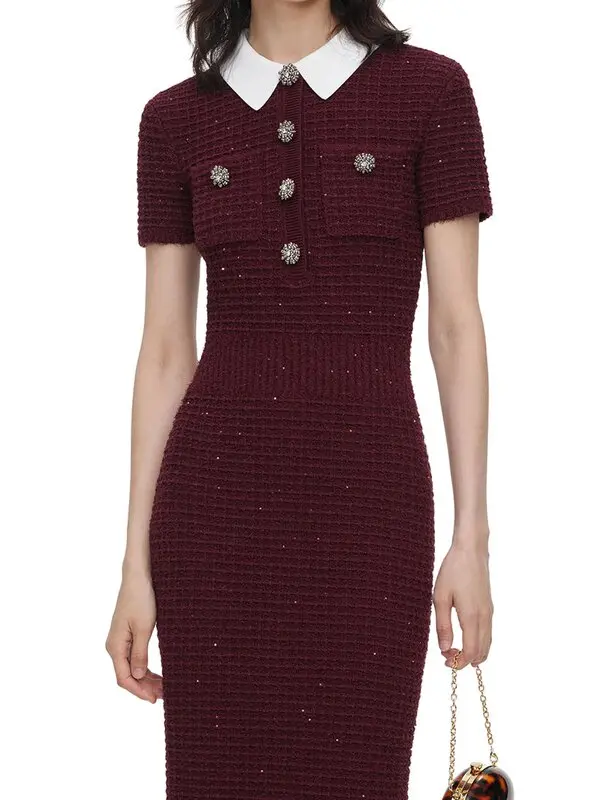 SELF-PORTRAIT Bordeaux Textured Knit Midi Dress