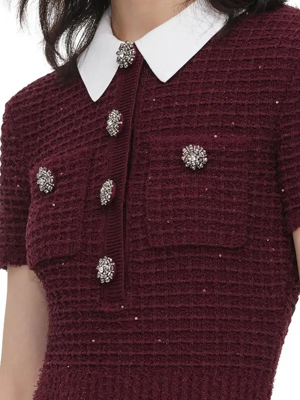 SELF-PORTRAIT Bordeaux Textured Knit Midi Dress