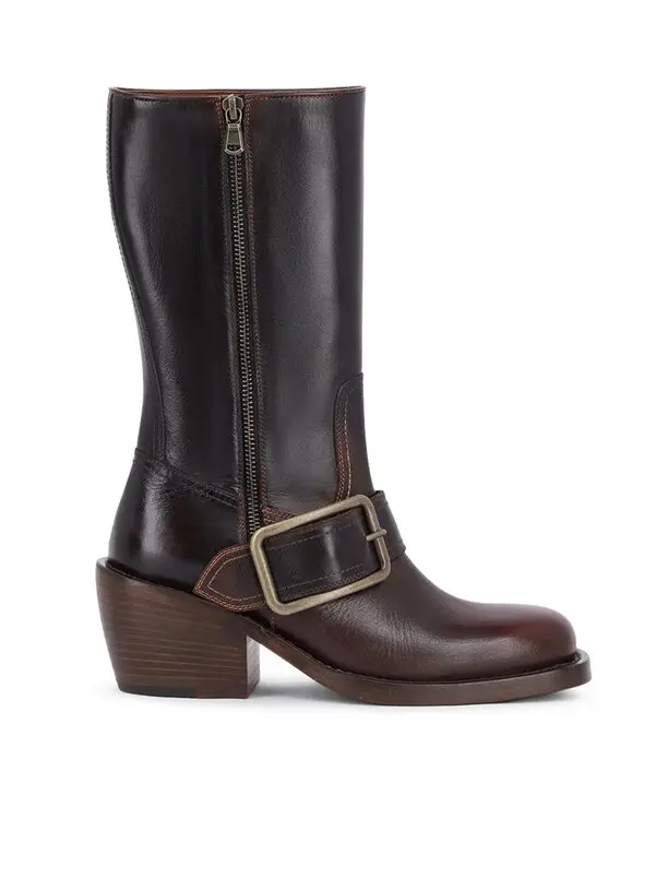 Dries Van Noten Calfskin Boots With A Square Toe, Rounded Block Heel, And Buckle Detail - Multicolor