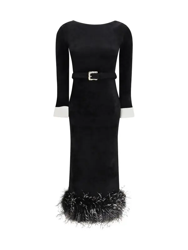SELF-PORTRAIT Feather-trimmed Chenille Midi Dress