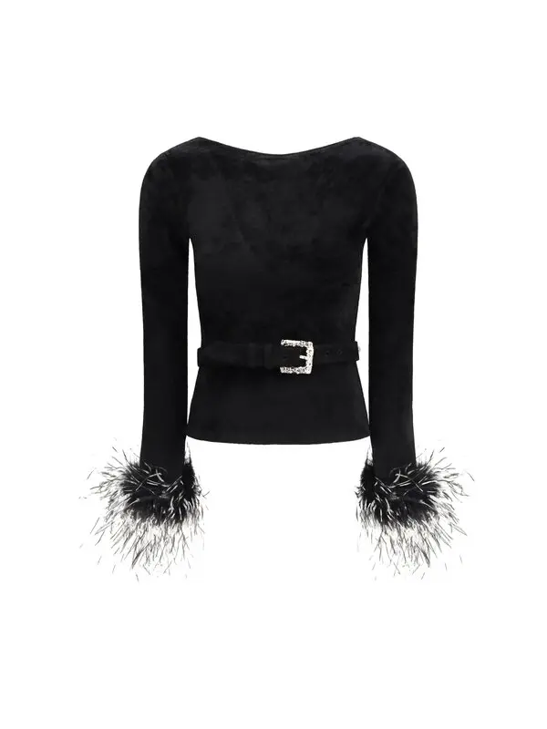 SELF-PORTRAIT Feather-trimmed Chenille Knit Top