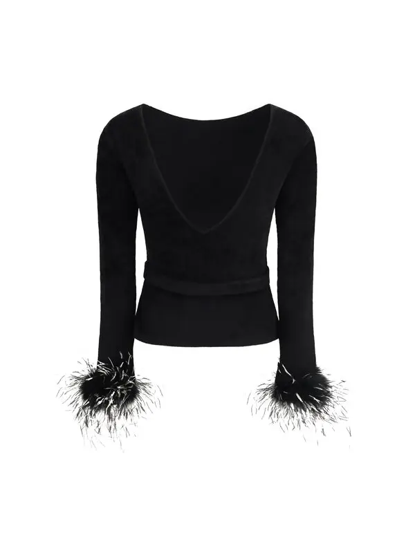 SELF-PORTRAIT Feather-trimmed Chenille Knit Top
