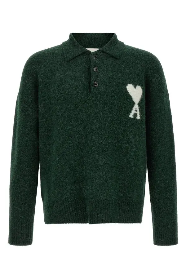AMI Paris Alpaca-blend Polo Sweater With Intarsia Logo