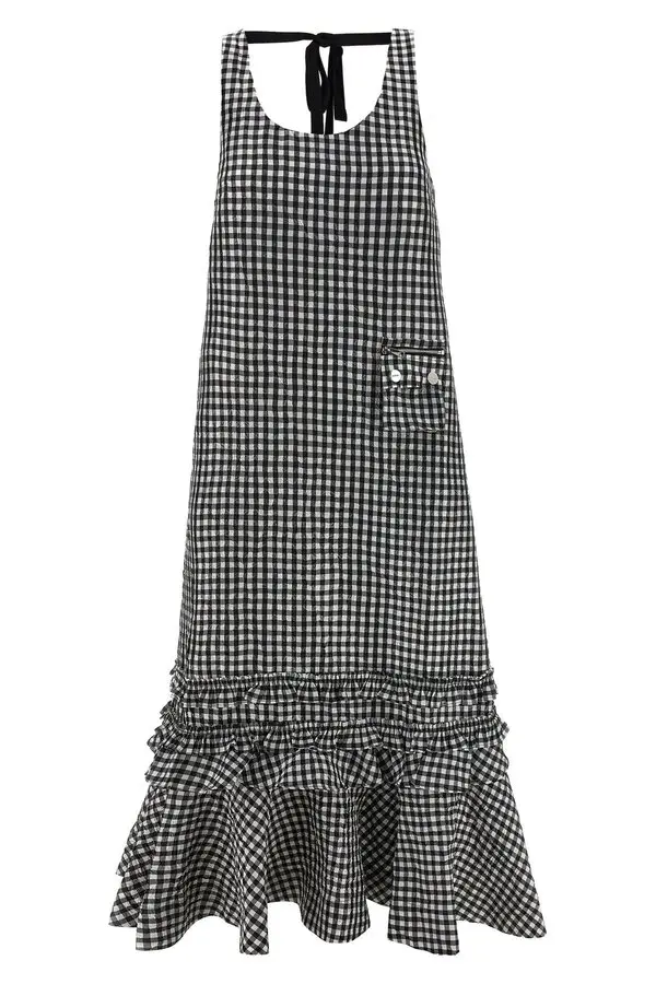 GANNI Dress 'crinkled Taffeta Check U-neck Long Dress - Black