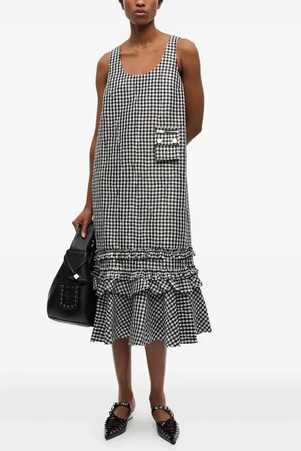 GANNI Dress 'crinkled Taffeta Check U-neck Long Dress