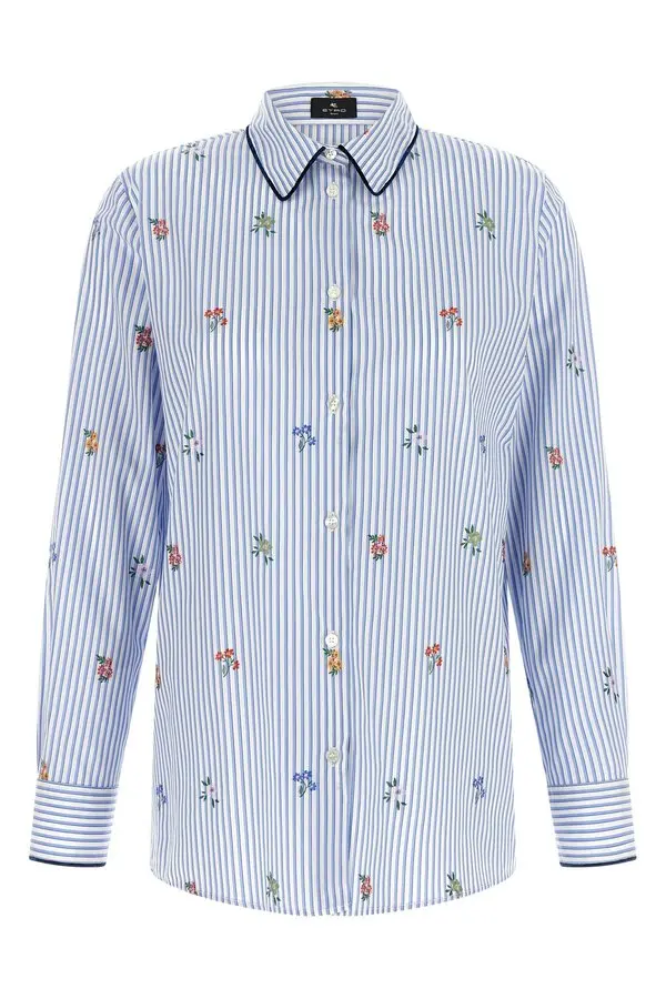 Etro Cotton Shirt With Floral Embroidery - Light Blue