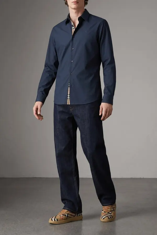 Burberry Cotton Shirt With Check Placket - Blue