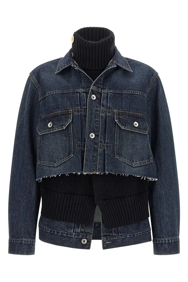 Sacai Denim Jacket With Ribbed Knit Underlayer