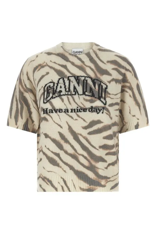 GANNI Short-sleeved Sweater With Intarsia Logo