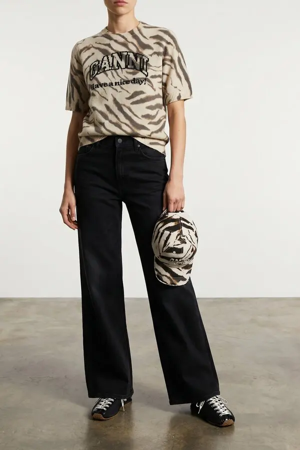 GANNI Short-sleeved Sweater With Intarsia Logo