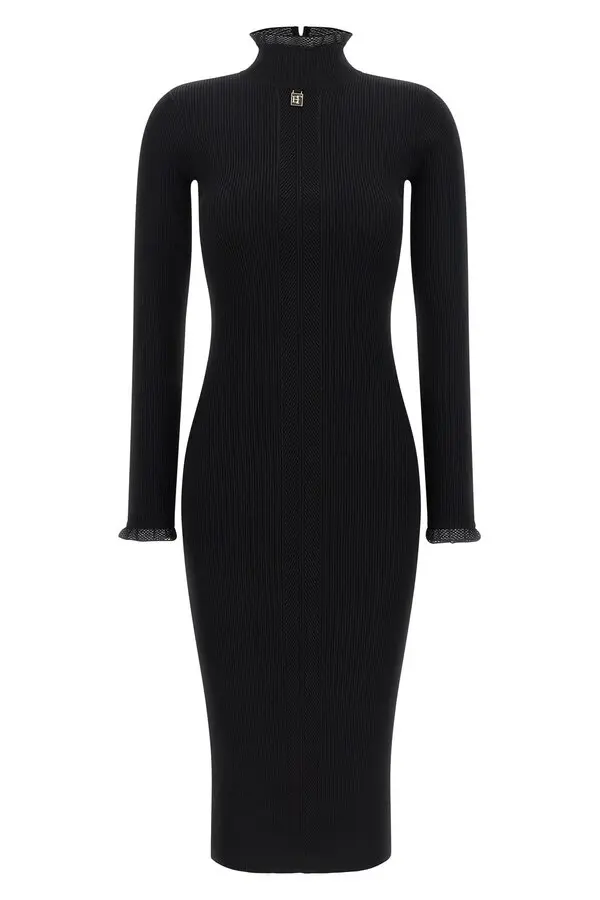 Elisabetta Franchi Ribbed Knit Dress With Logo Plaque - Black