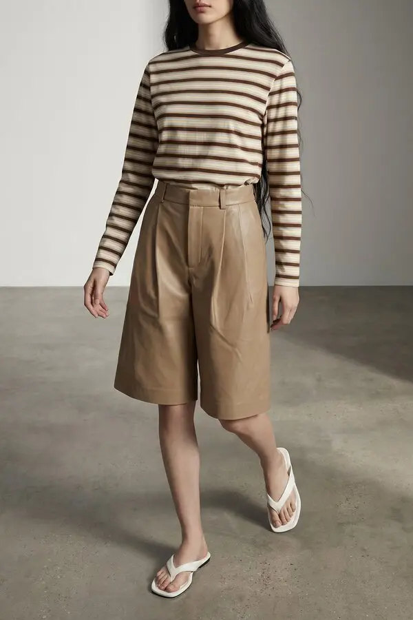 YVES SALOMON Pleated Nappa Leather Bermuda Shorts