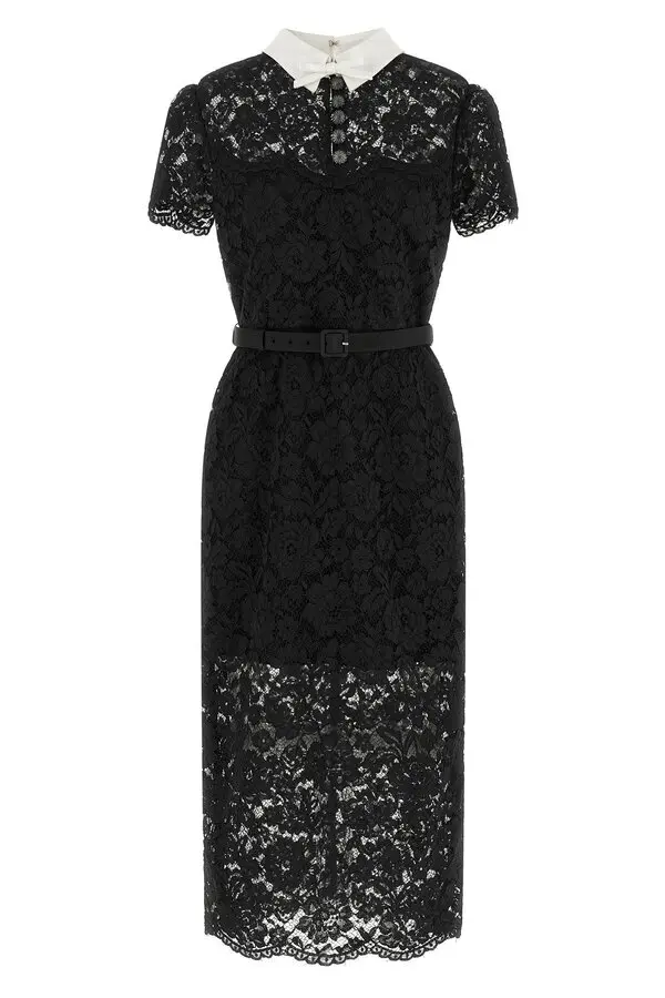 SELF-PORTRAIT Floral Lace Midi Dress With Contrast Collar - Black
