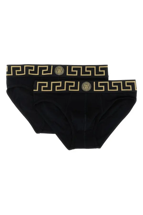 Versace 2-pack Briefs With 'greca' Pattern - Black