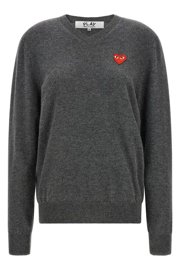 Play Comme Des Garcon Grey Mélange 'heart Patch' Sweater