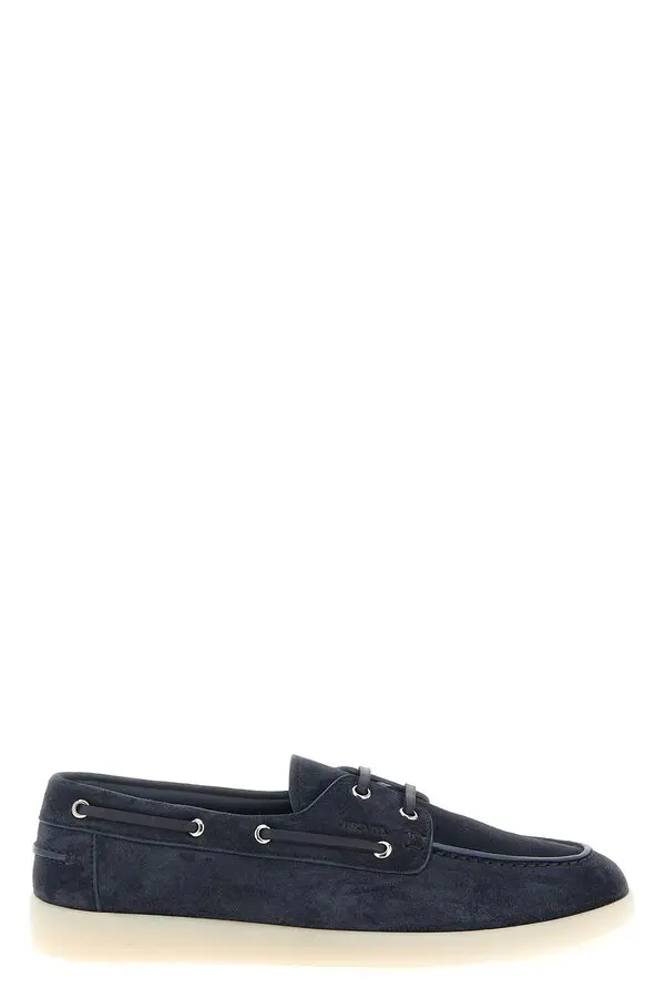 Prada Suede Boat Shoes With Embossed Logo - Blue