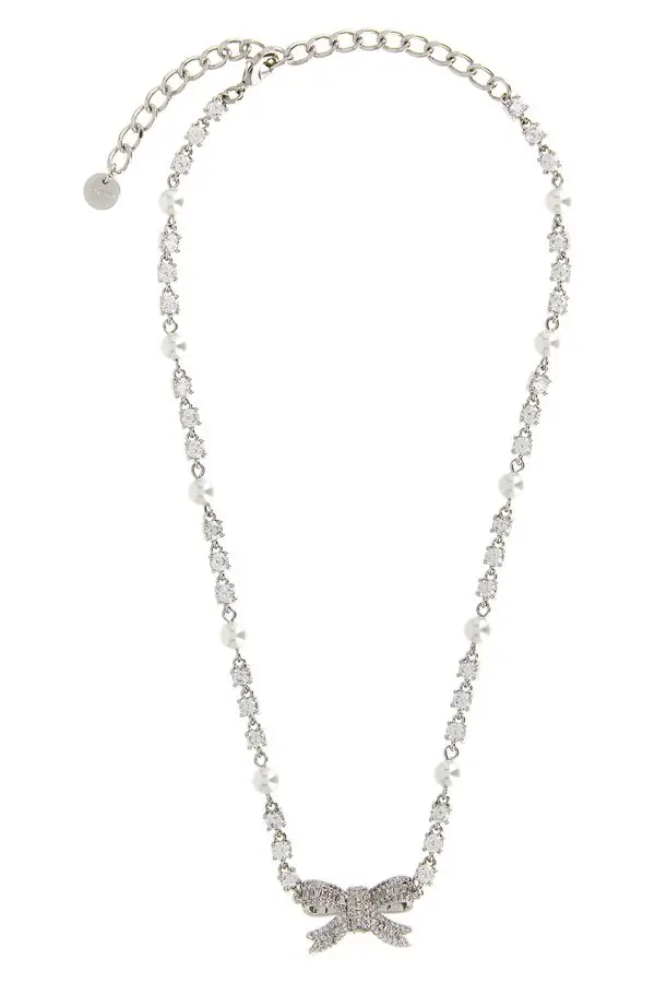 SELF-PORTRAIT Crystal Pearl Bow Necklace