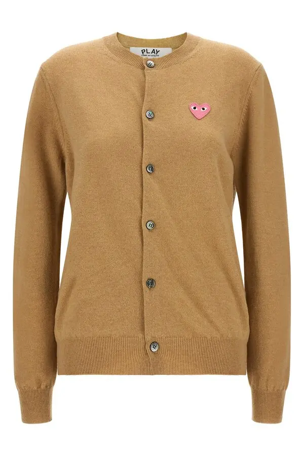 Play Comme Des Garcon Heart Patch Cardigan In Camel - Beige