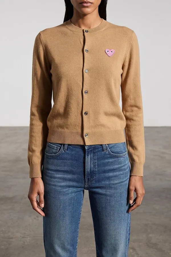 Play Comme Des Garcon Heart Patch Cardigan In Camel