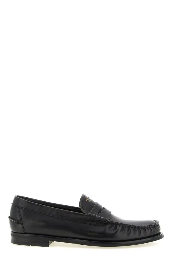 Prada Antiqued Calfskin Loafers With Gold-tone Logo - Black