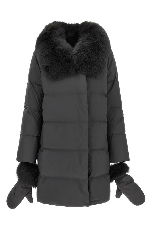 YVES SALOMON The Quilted Down Coat With Fox Fur Collar And Mittens - Black
