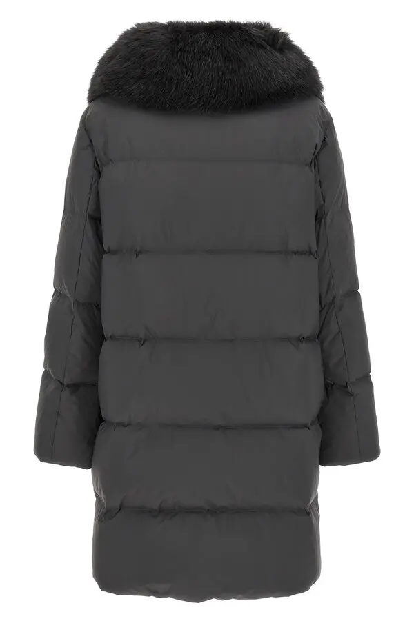 YVES SALOMON The Quilted Down Coat With Fox Fur Collar And Mittens - Black